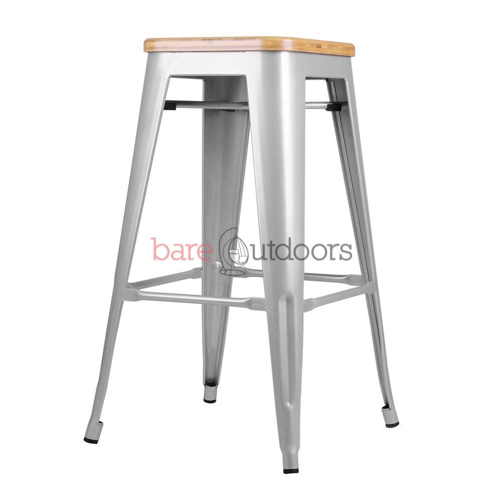 Replica Tolix Bar Stool 65cm - Timber Seat - Silver — Bare Outdoors